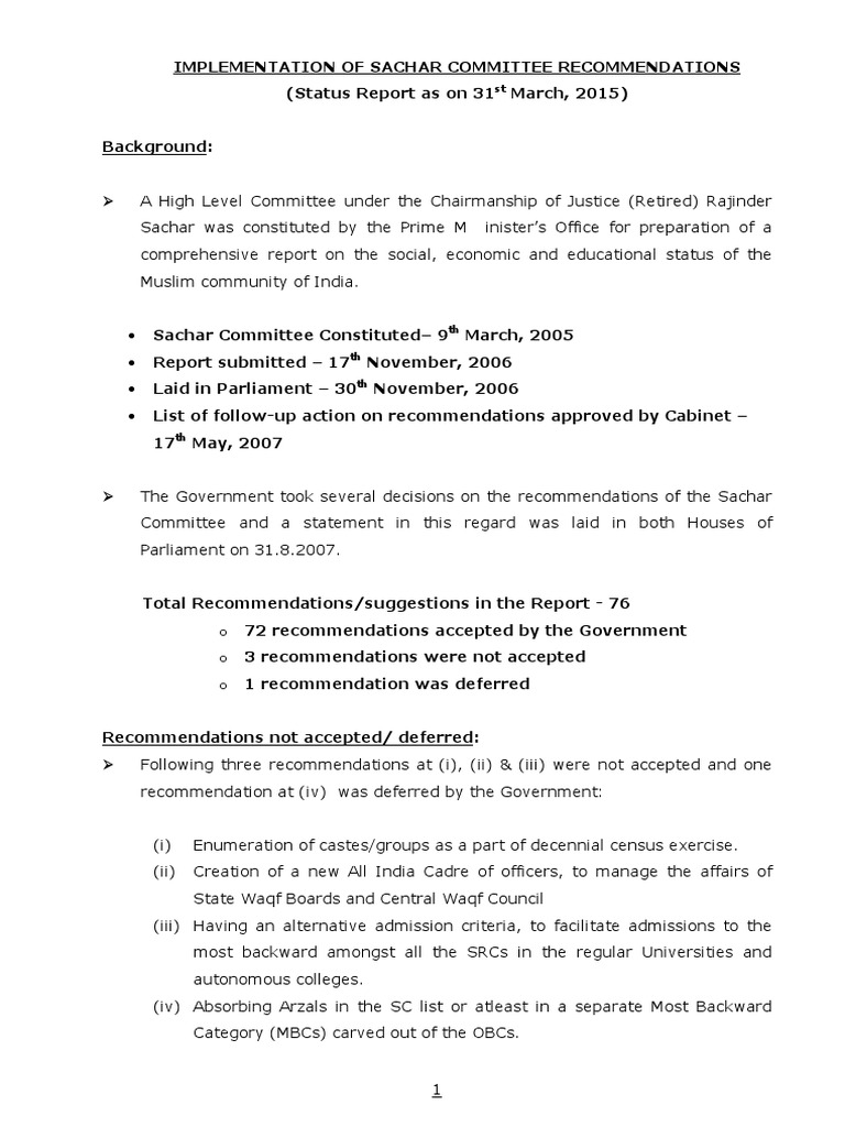 Sachar Committee Status | PDF | Government | Further Education