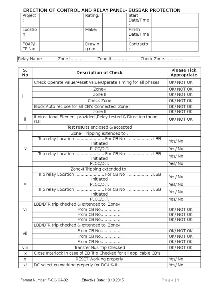 Checklist For Erection of Control & Relay Panel-Busbar Protection. | PDF