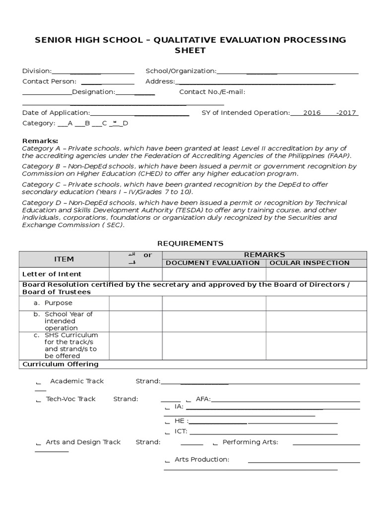 Blank Shs Qualitative Evaluation Processing Sheet | Curriculum ...