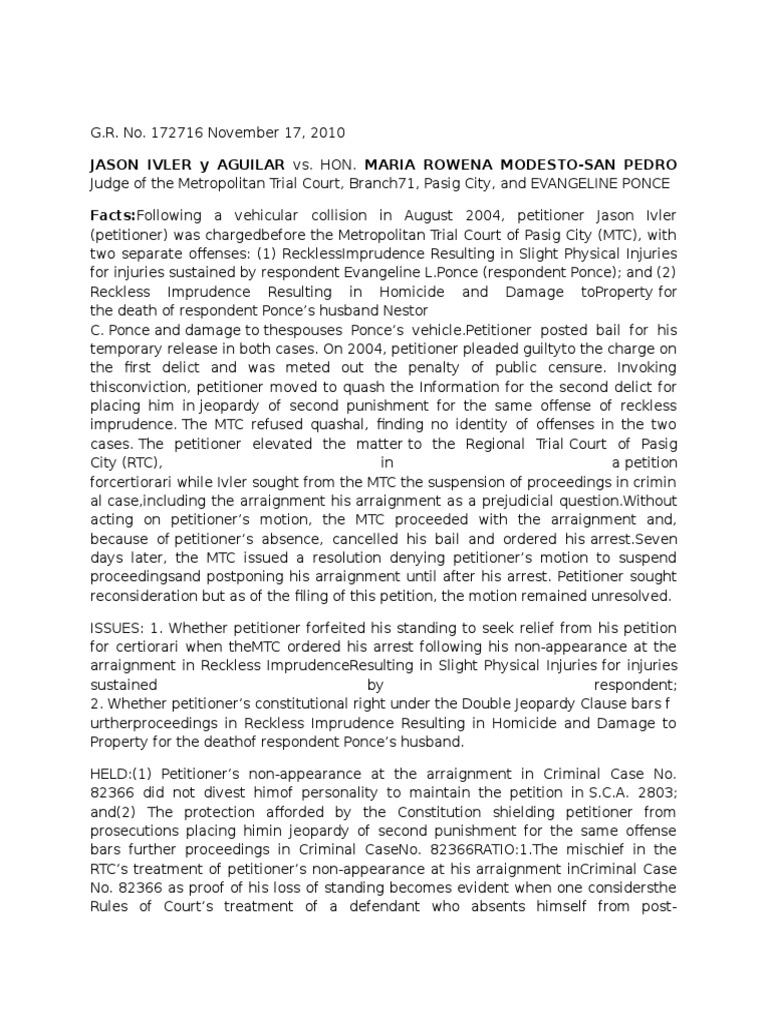 Ivler Case Digest | PDF | Arraignment | Double Jeopardy