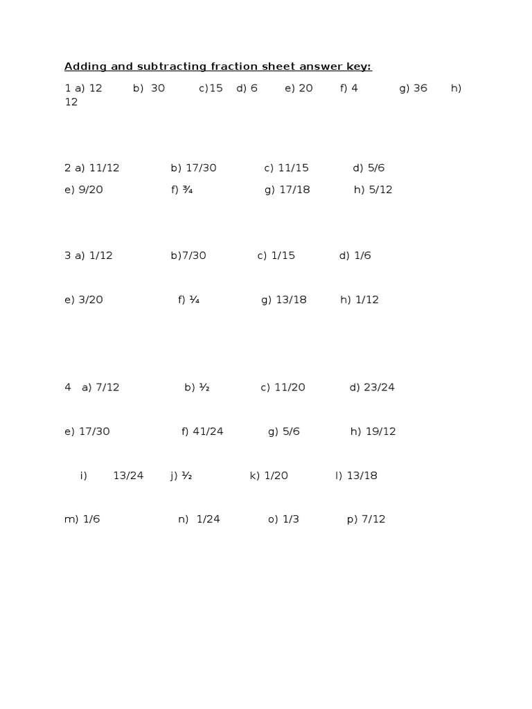 Adding and Subtracting Fractions Answer Key | PDF