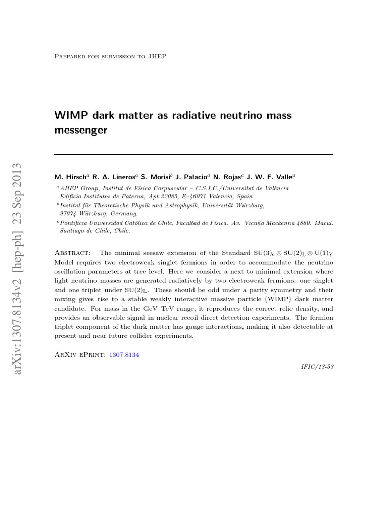 WIMP Dark Matter As Radiative Neutrino Mass | PDF | Standard Model | Higgs Boson