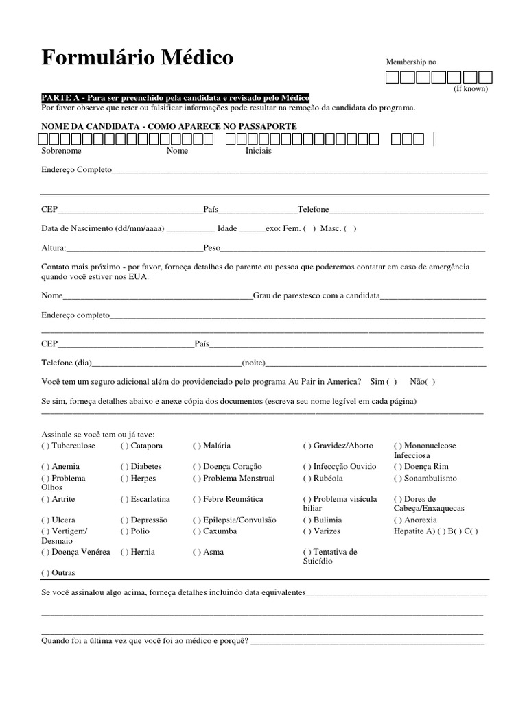 Au Pair - Formulário Médico - Part a e B - Portugues e Ingles ...