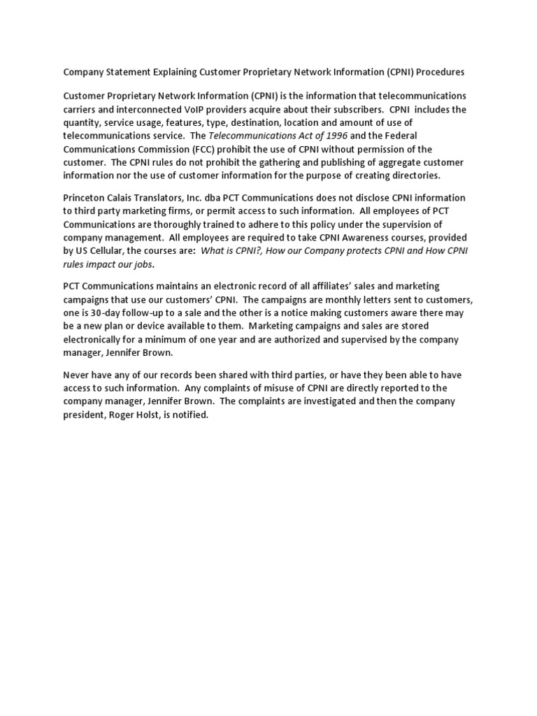 Company Statement Explaining Customer Proprietary Network Information ...