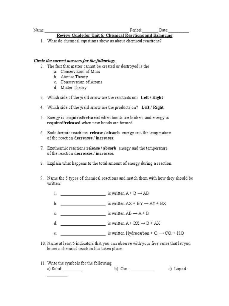 Review Guide For Unit 6: Chemical Reactions and Balancing: Circle The ...