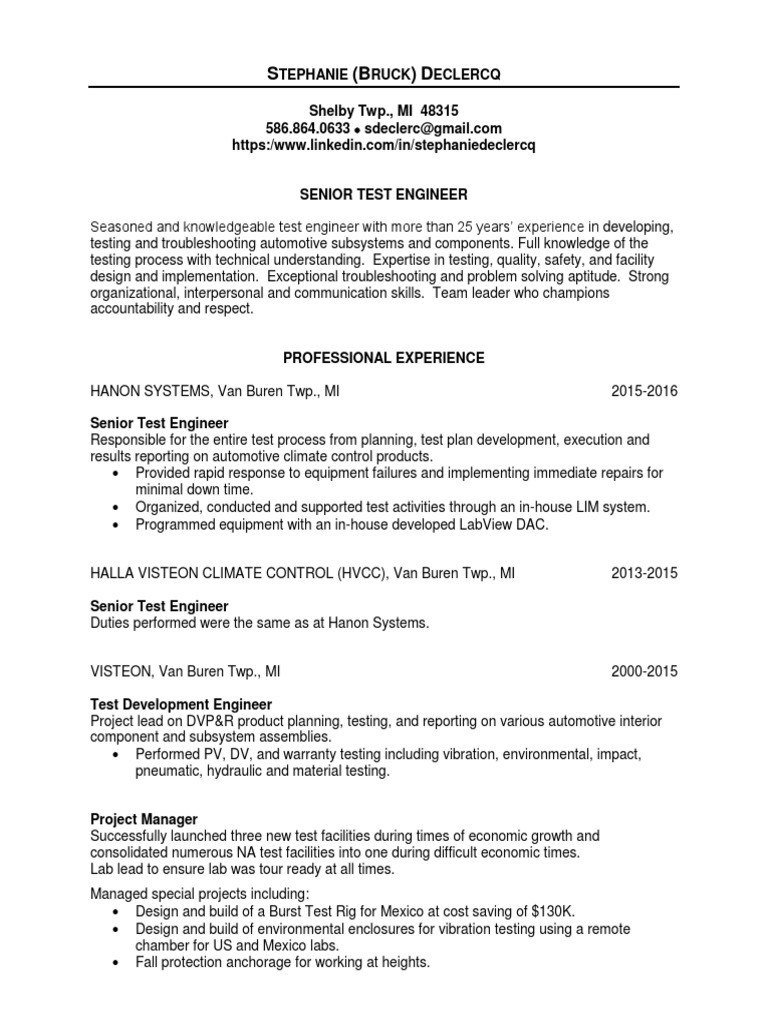 Automotive Product Test Engineer in Detroit MI Resume Stephanie ...