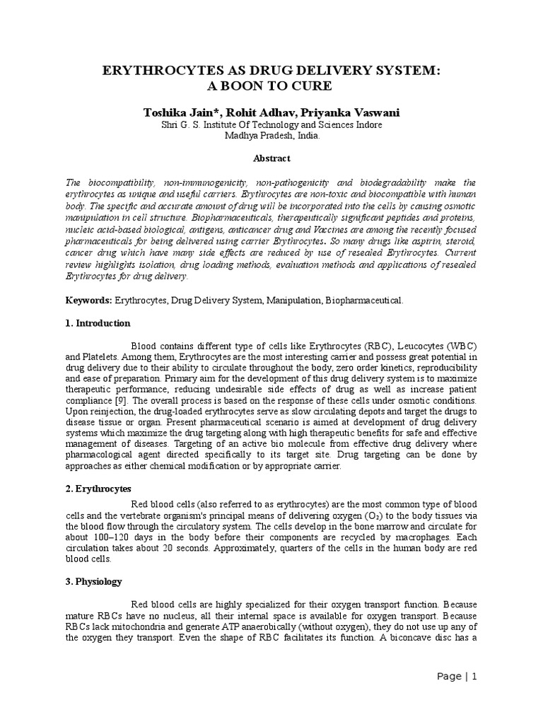 Erythrocytes As Drug Delivery System: A Boon To Cure: Toshika Jain ...