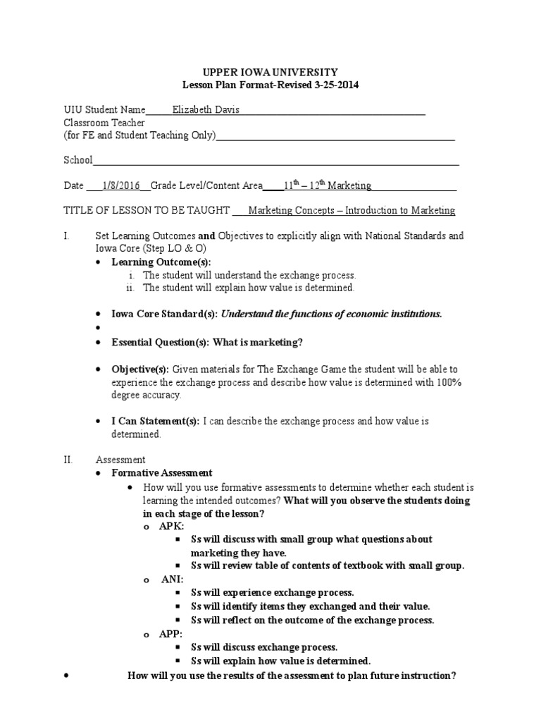 Intro to Marketing Concepts Lesson Plan | PDF | Educational Assessment ...