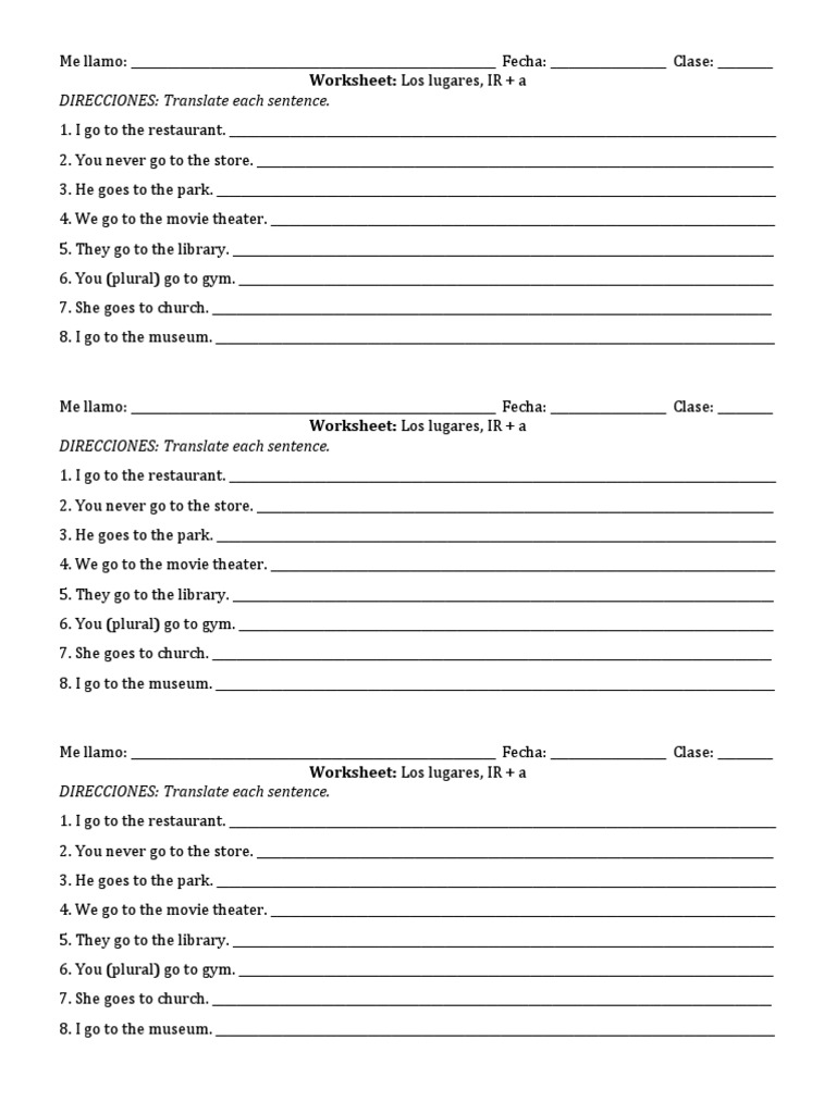 DIRECCIONES: Translate Each Sentence.: Worksheet: Los Lugares, IR + A | PDF