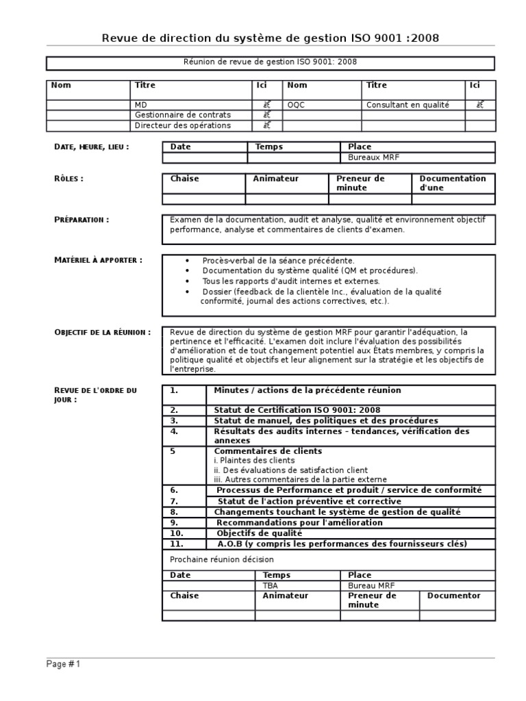 Revue de Direction Du Système de Gestion ISO 9001 2008 | PDF | Audit ...