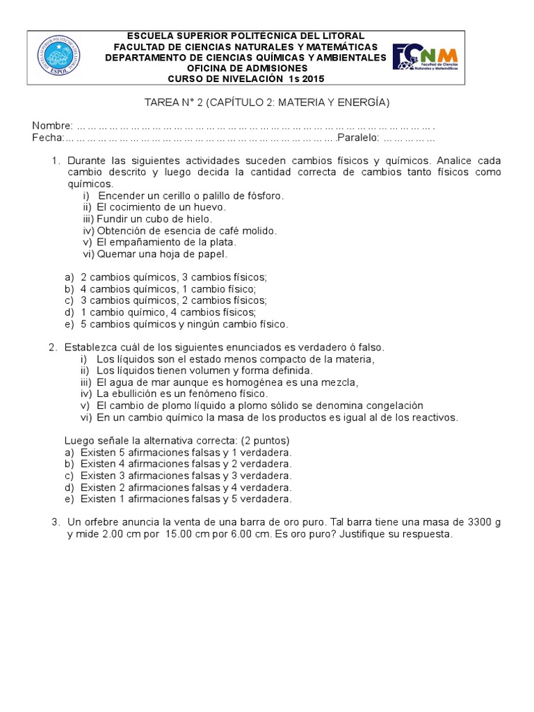 Tarea 2 y 3 Reinaldo Garces | PDF | Reacciones químicas | Densidad