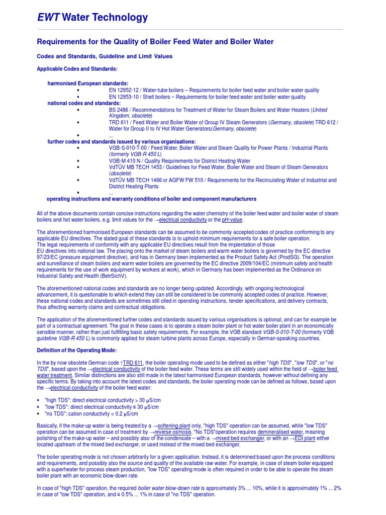 Boiler Feed Water and Boiler Water - EWT Water Technology | PDF ...