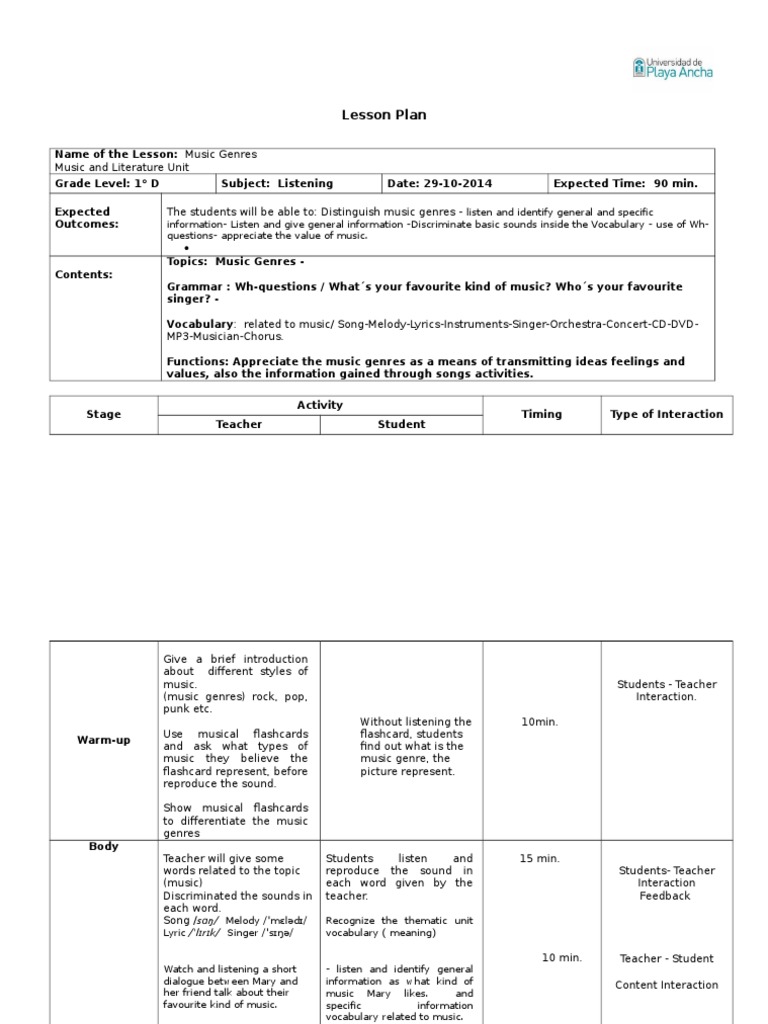 Grade 1 Music Genres Lesson Plan | PDF | Singing | Genre