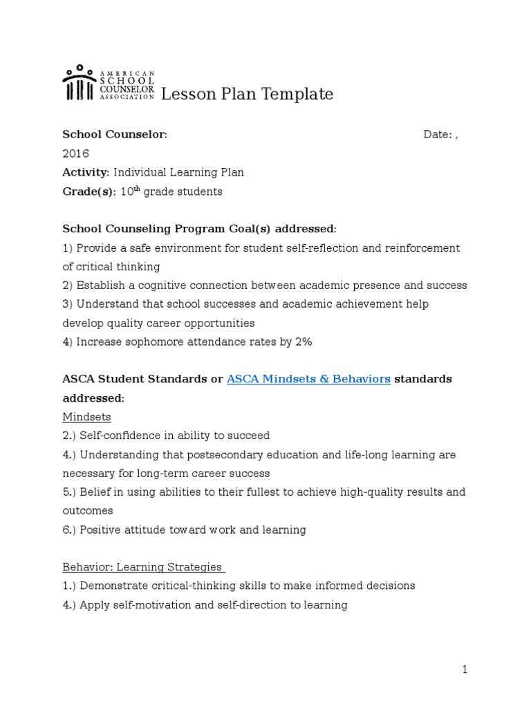 ASCA Lesson Plan Personal Social | PDF | Career & Growth