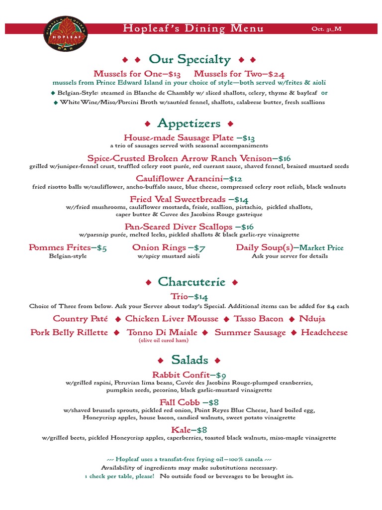 Our Specialty: Hopleaf 'S Dining Menu | PDF | Pickling | French Fries