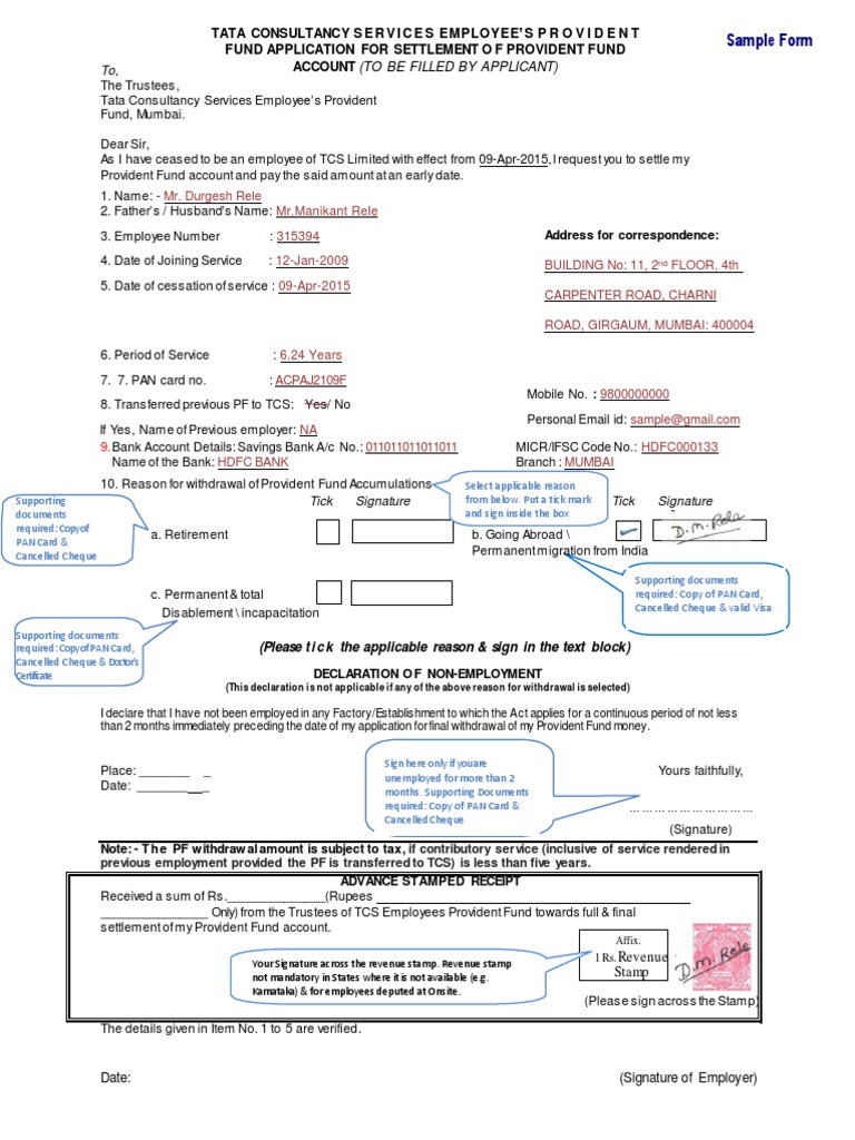 Artifact 5a - Guidelines for Filling PF Withdrawal Form TCS | Cheque ...
