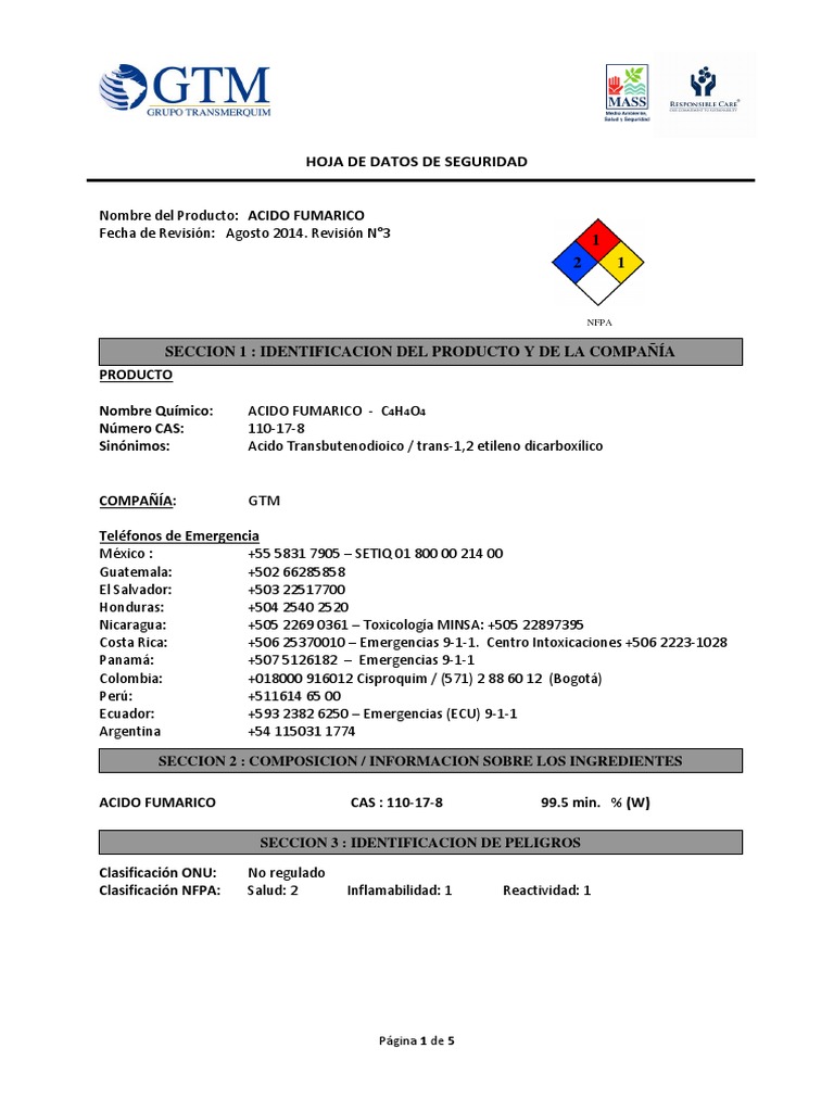 ACIDO FUMARICO Hoja de Seguridad | PDF | Carbón | Oxígeno