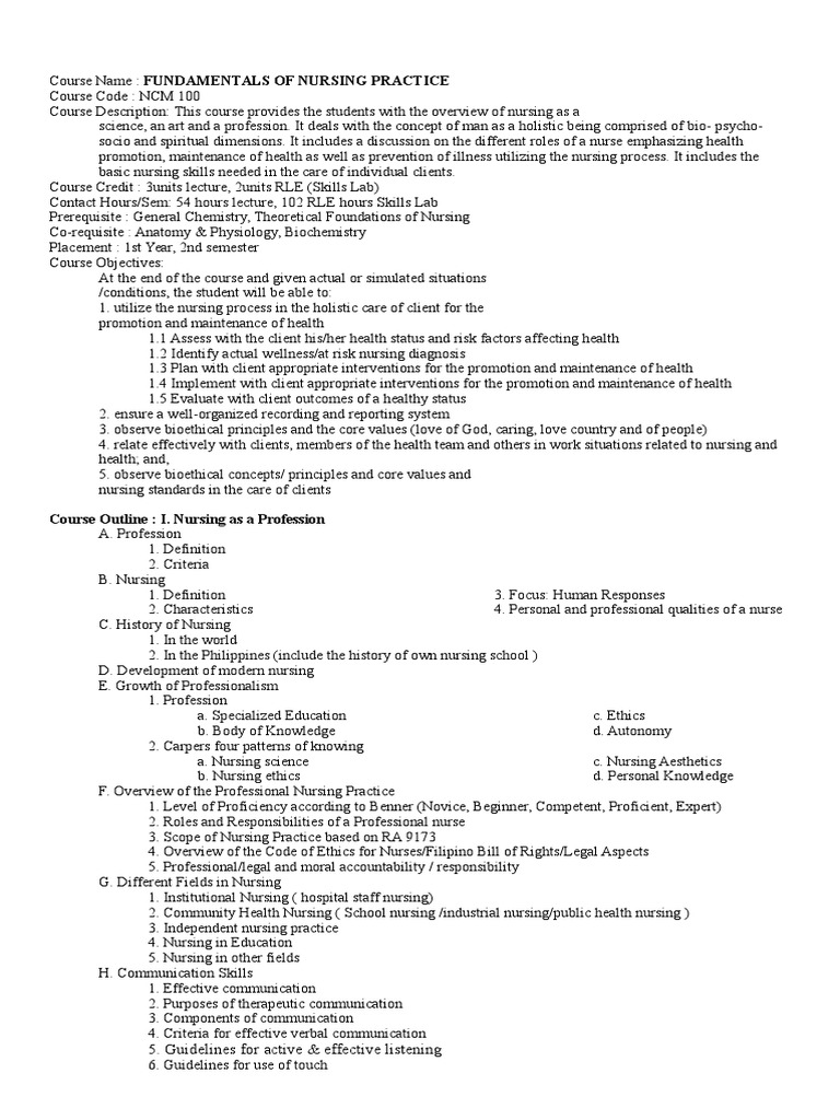 Fundamentals Of Nursing Syllabus Pdf Nursing Grief