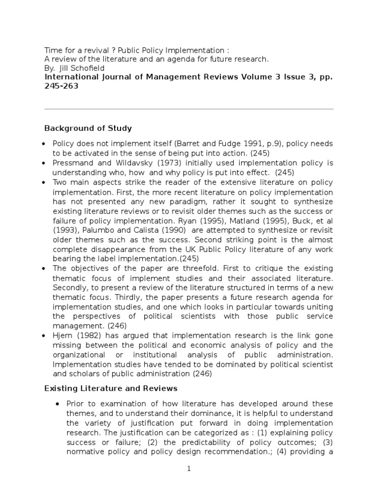 Literature Review of Public Policy Implementation | PDF | Policy Analysis | Public Administration