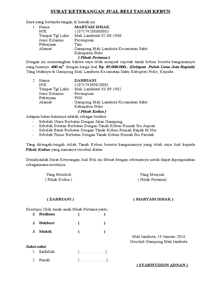 Surat Keterangan Jual Beli Tanah Kebun | PDF