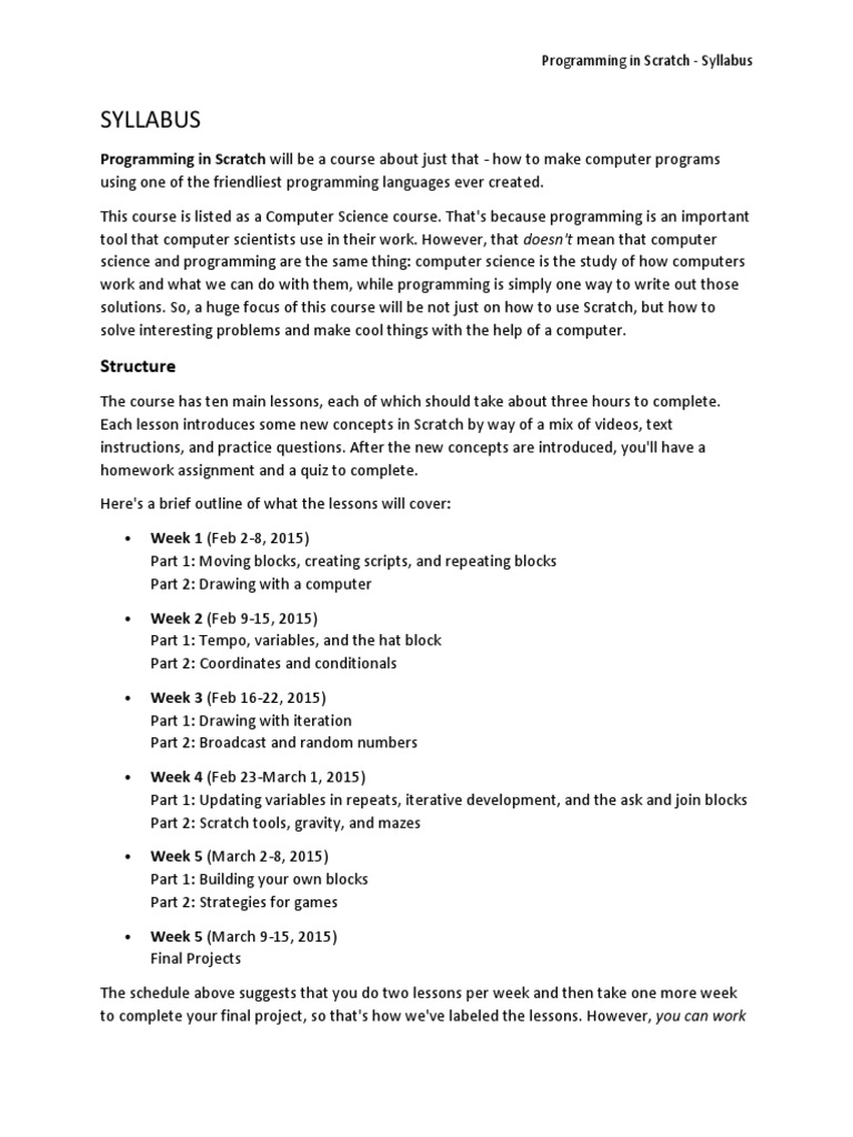 Syllabus Scratch Pdf Scratch Programming Language Homework 