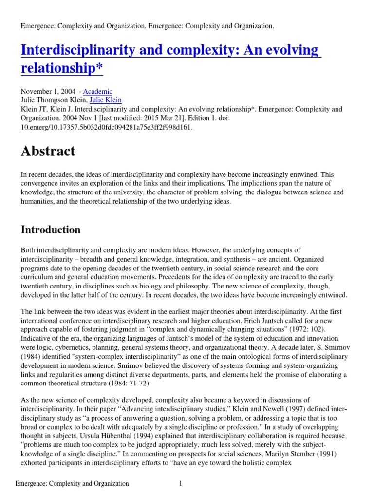 Interdisciplinarity and Complexity - An Evolving Relationship | PDF ...