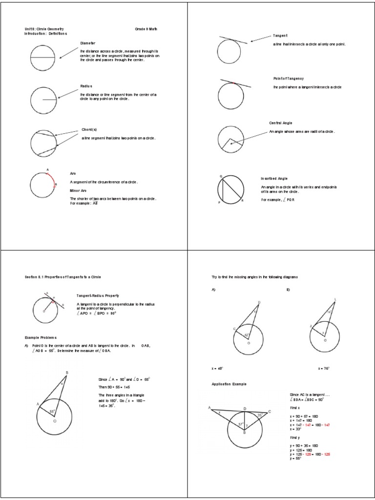 Gr.9 Math Unit 8 Notes | PDF | Circle | Perpendicular