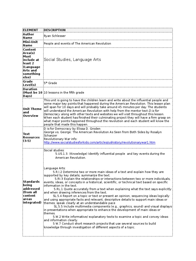American Revolution Unit Plan for 5th Grade | PDF | Educational ...