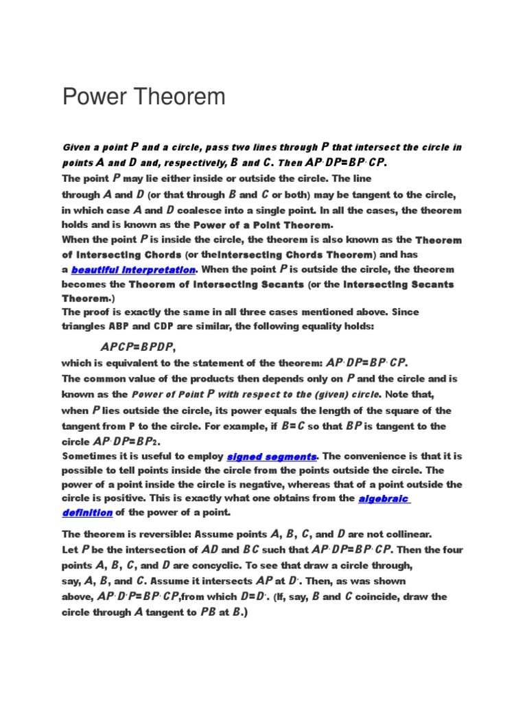 Power Theorem Pdf Circle Angle