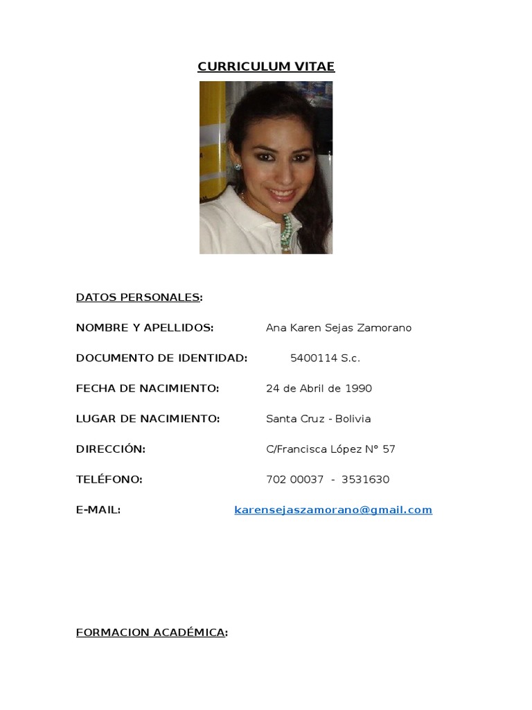 CV de Ana Karen Sejas Zamorano | PDF | Salud y bienestar | Religión y ...