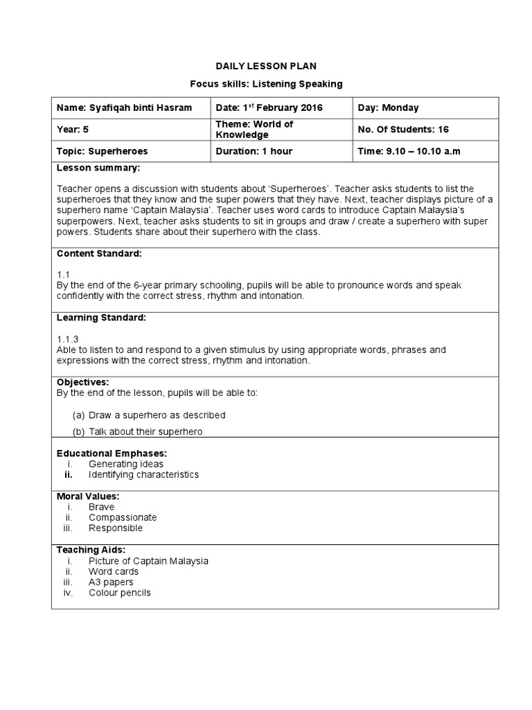 Lesson Plan Superheroes Year 5 KSSR | PDF | Superpowers | Lesson Plan