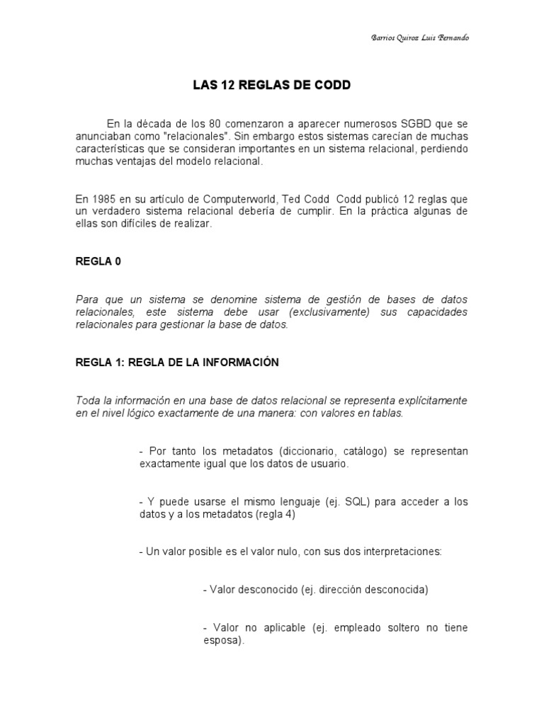 Reglas de Codd | PDF | Base de datos relacional | Modelo relacional