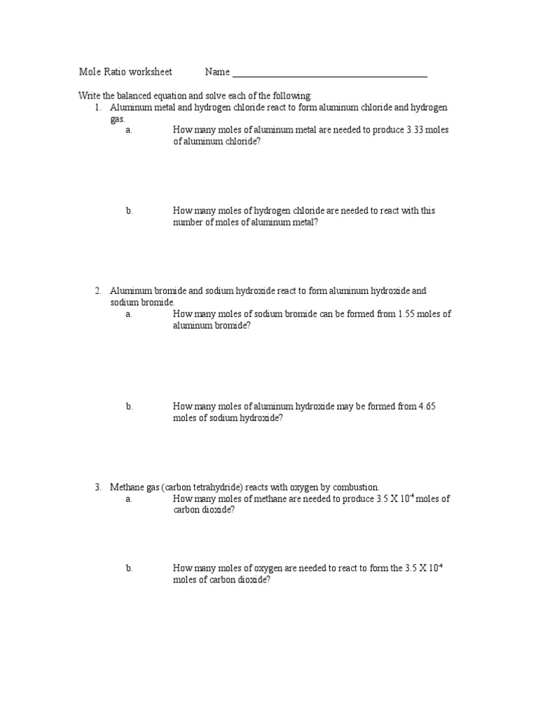 Mole Ratio Worksheet and Answers | PDF