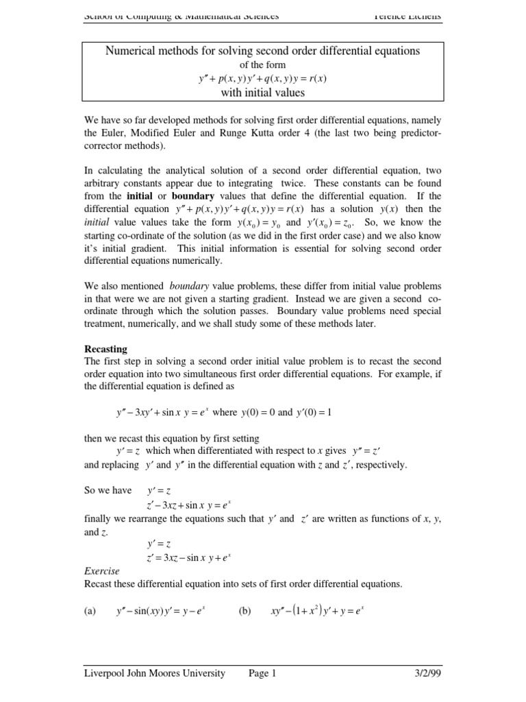 Numerical Methods For Second Order Differential Equation Numerical Analysis Differential