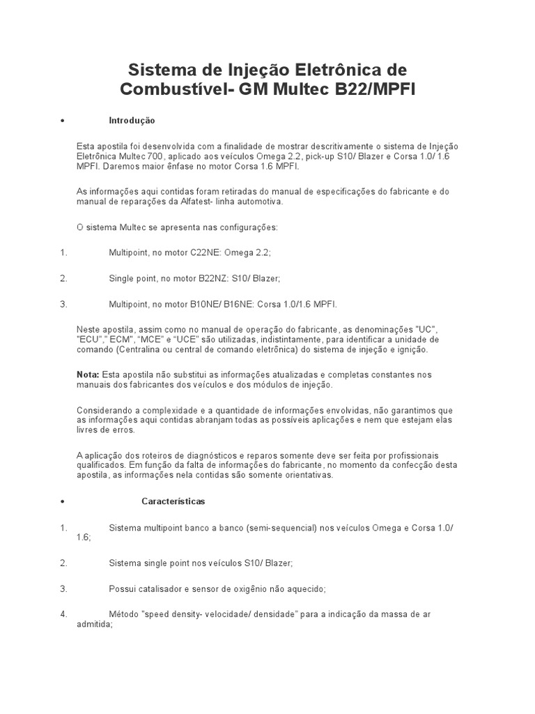 Apostila de Injeção Eletrônica Corsa Multec 700 | PDF | Armazenamento ...