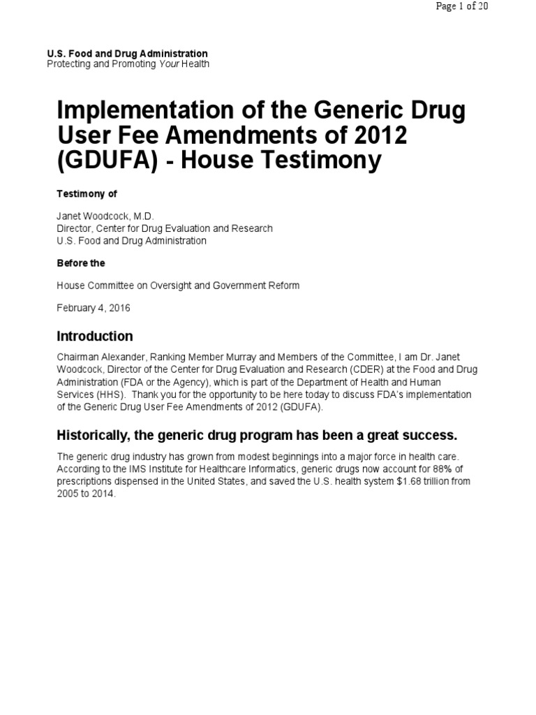 FDA Testimony - Implementation of GDUFA (2!4!16) | Download Free PDF ...