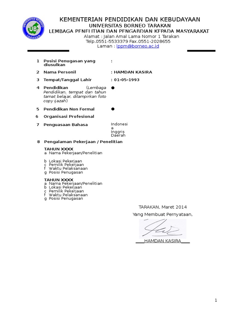 CV Format LPPM - HAMDAN | PDF | Karier & Perkembangan | Seni & Disiplin Bahasa