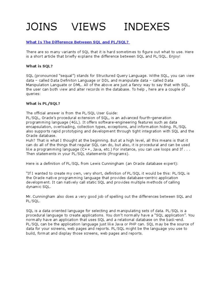 Joins Views Indexes: What Is The Difference Between SQL and PL/SQL? | PDF | Database Index | Sql