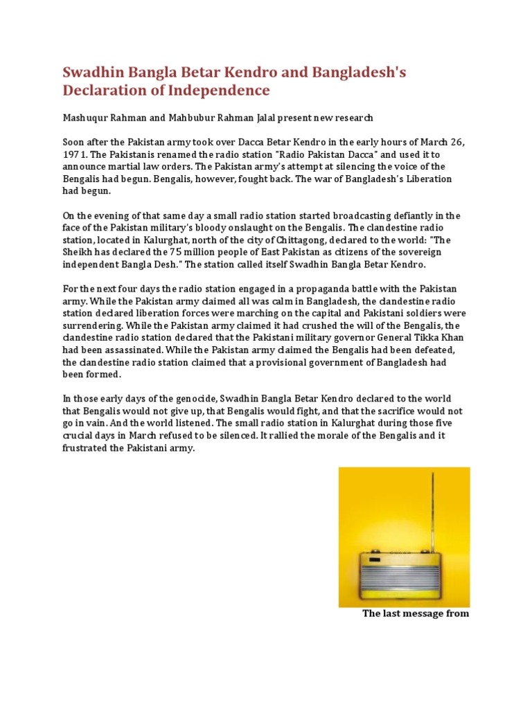 Swadhin Bangla Betar Kendro and Bangladesh | PDF | Bangladesh | Bengal