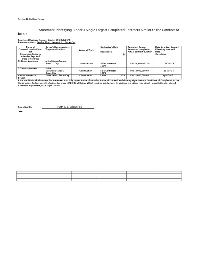 Statement Identifying Bidder's Single Largest Completed Contracts ...