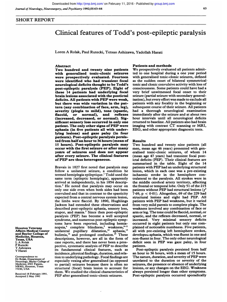 Clinical of Todd's Paralysis: Features | PDF | Epilepsy | Neurological ...