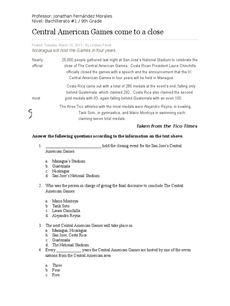 Central American Games Overview and Quiz | PDF | Costa Rica | Central ...