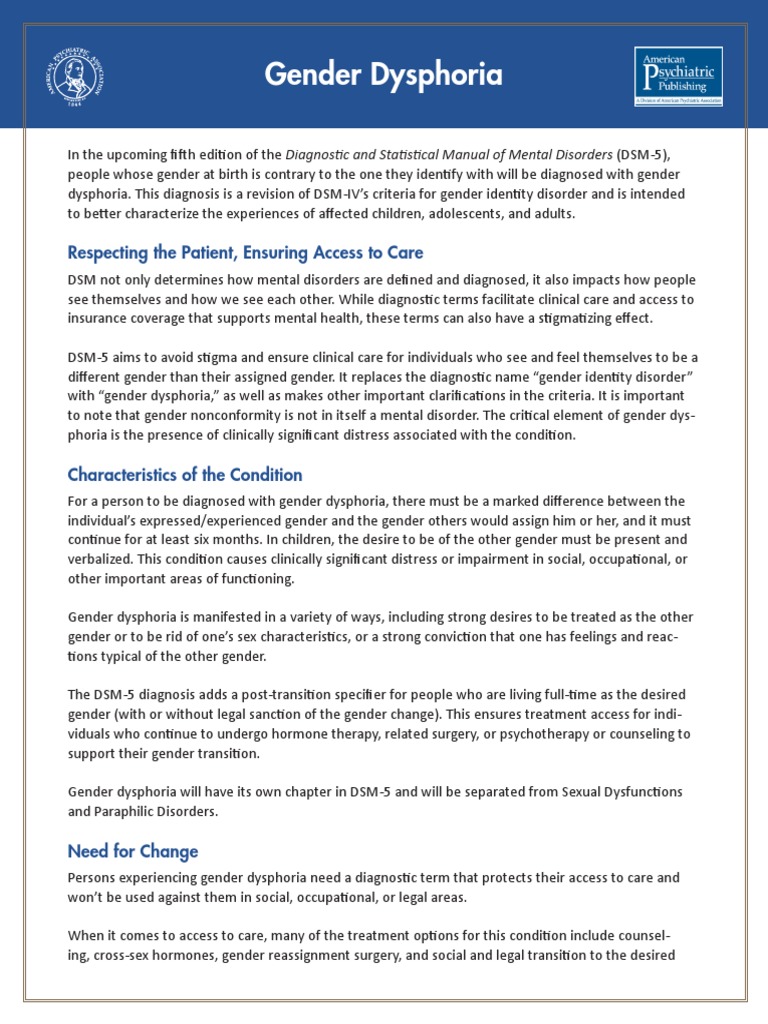 Gender Dysphoria Fact Sheet | PDF | Dsm 5 | Diagnostic And Statistical ...