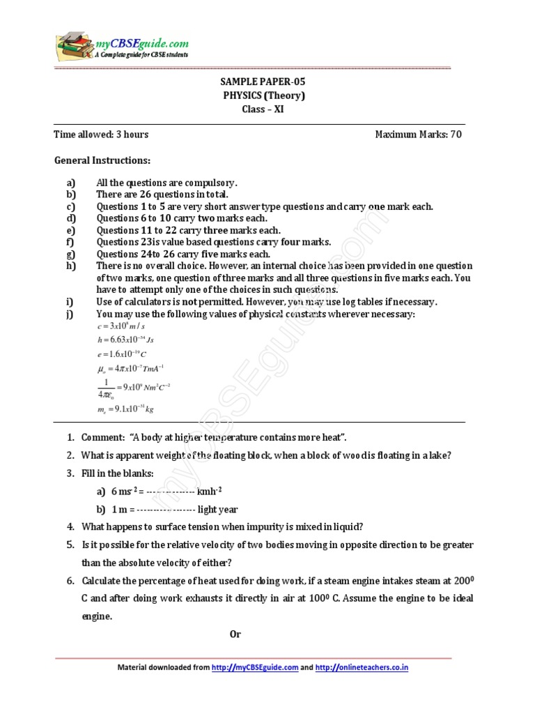 2016 11 Sample Paper Physics 05 | PDF | Acceleration | Drop (Liquid)
