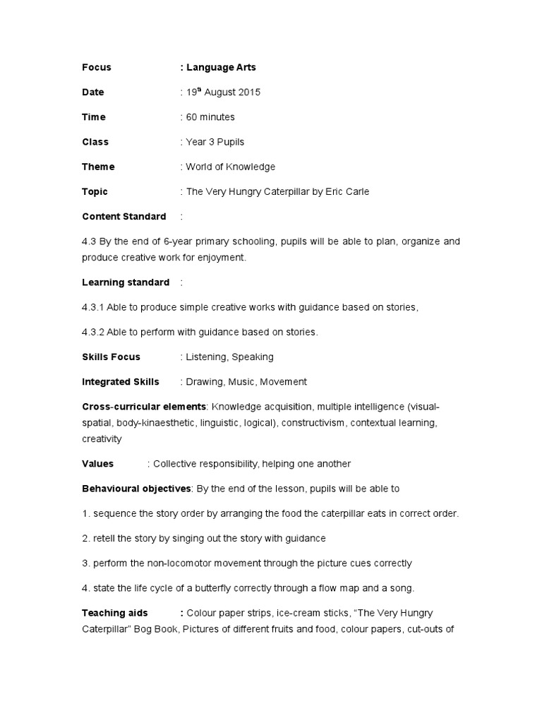 Lesson Plan (Language Arts - The Very Hungry Caterpillar) | PDF ...