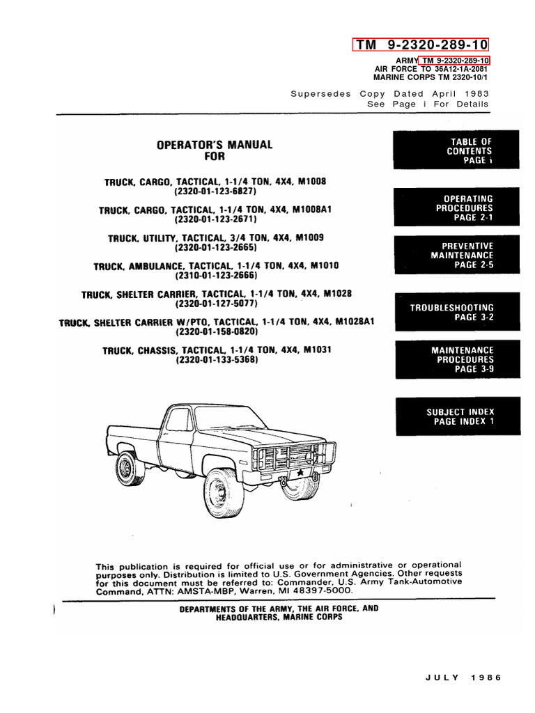 Operator's Manual for Tactical Trucks: M1008, M1008A1, M1009, M1010 ...