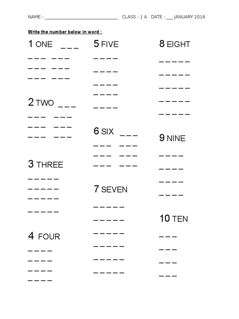 Write The Number Below in Word:: NAME: - CLASS: 1 A DATE: - JANUARY ...