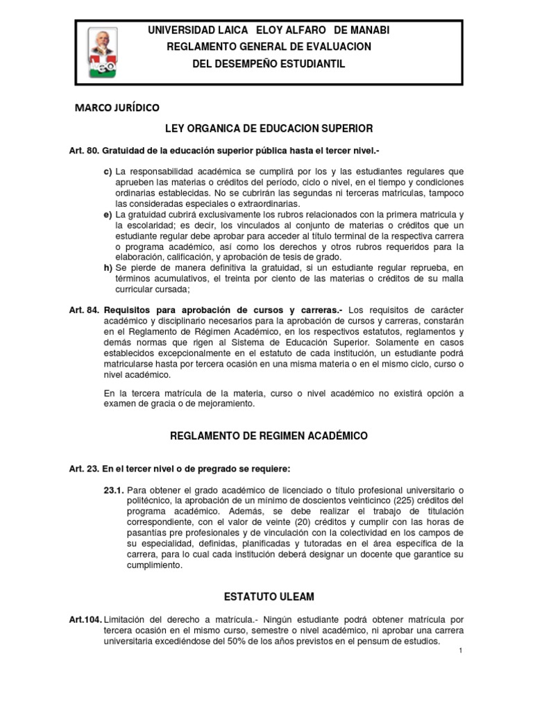Reglamento de Evaluacion Del Desempeño Estudiantil | PDF | Educación más alta | Prueba (evaluación)