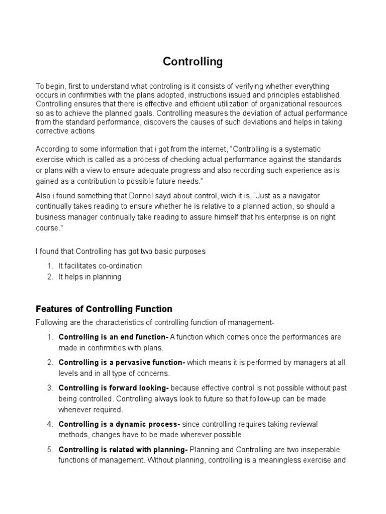 Controlling: Features of Controlling Function | PDF | Business ...