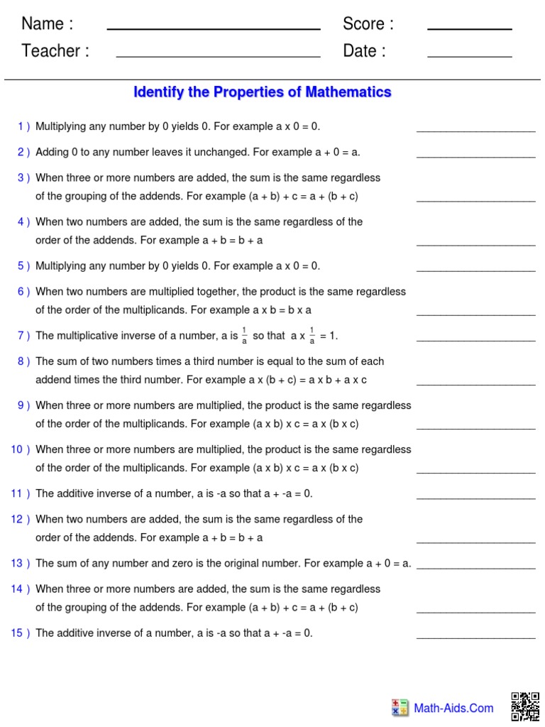 Identifying Properties Worksheet